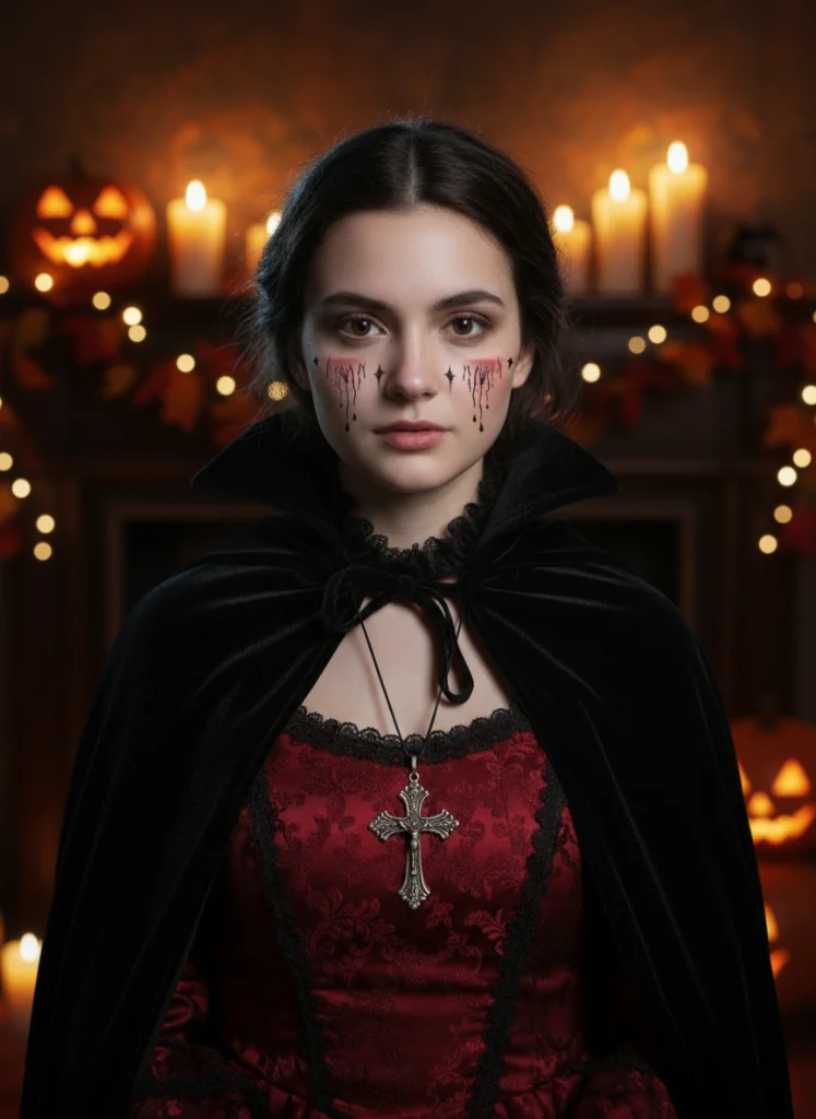 Young Woman Vampire Costume Halloween Makeup Candles Pumpkins | SellerPic